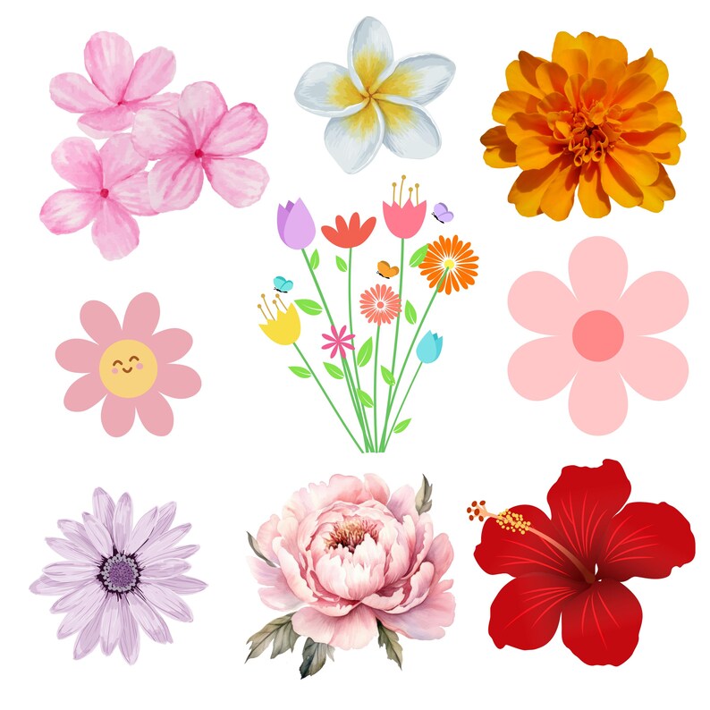 Cute Flowers Clip Art Set 1 5 PNG Files - Etsy