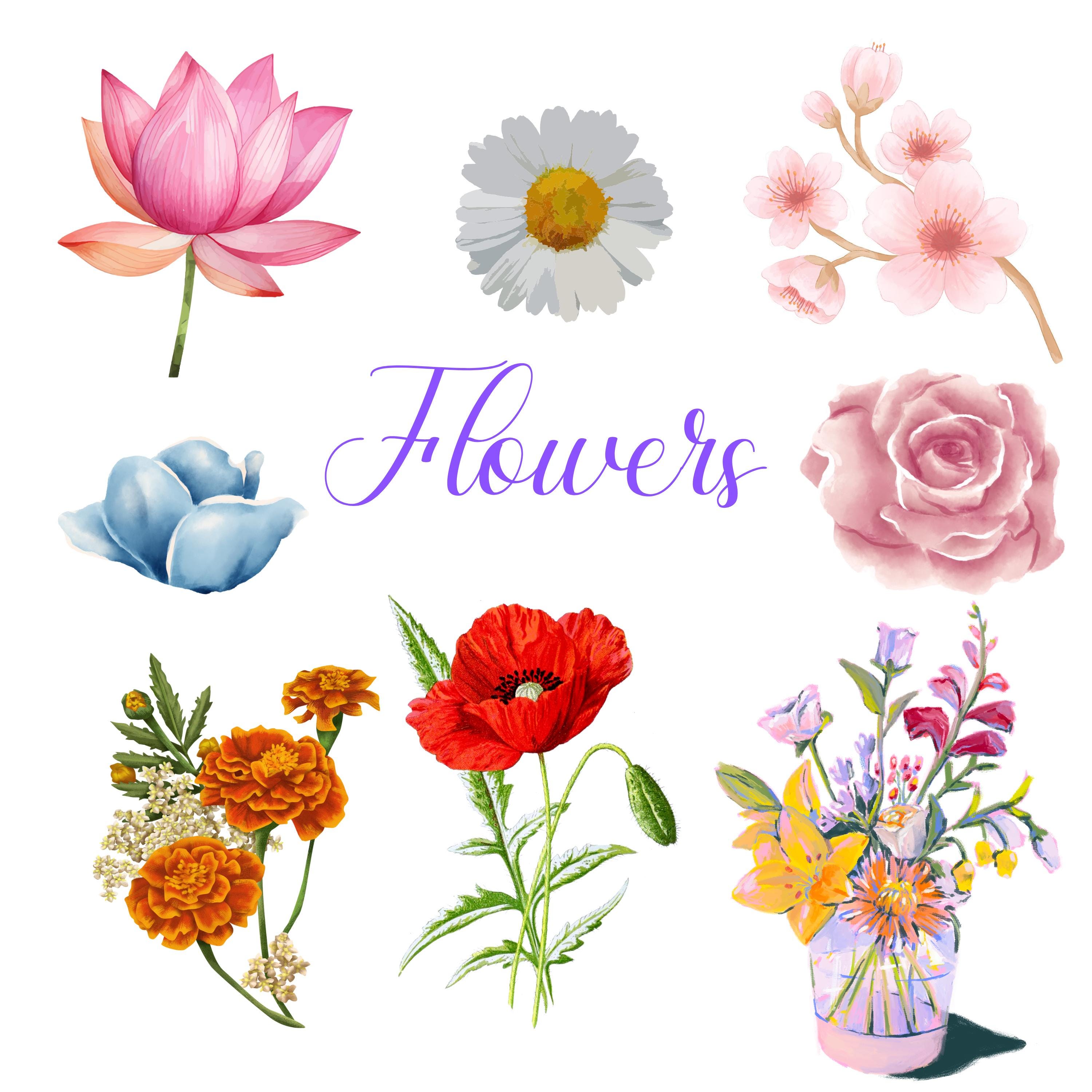 Cute Flowers Clip Art Set 1 5 PNG Files - Etsy