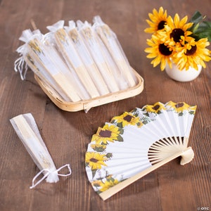 Set of 48 Sunflower Printed Folding Paper Fans With Organza Bags Bridal ...