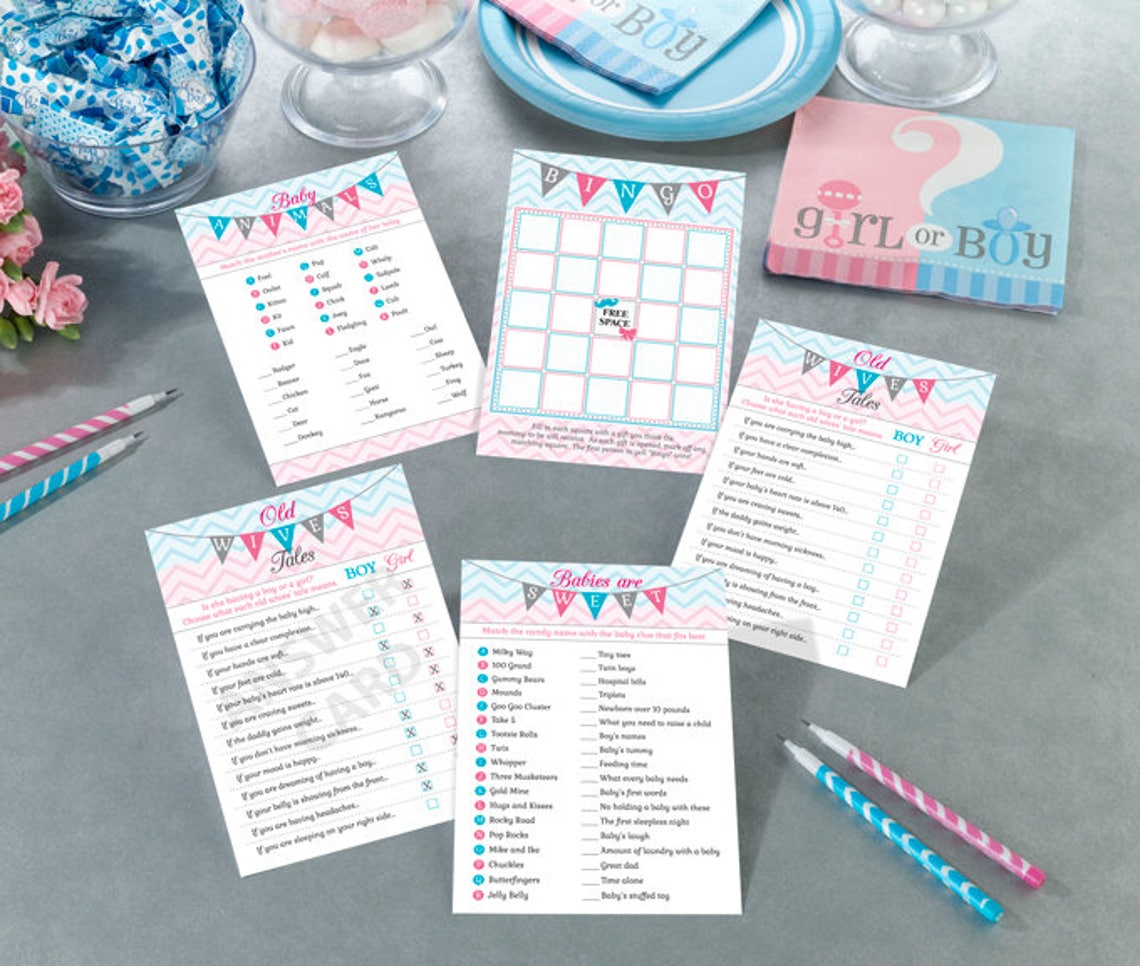 Gender Reveal Baby Shower Games Set of 4 Games | Etsy