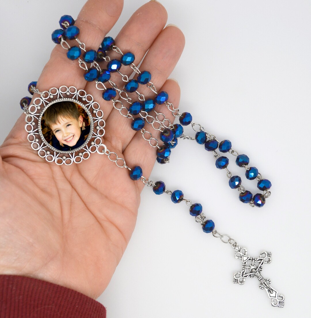Personalized Custom Photo Rosary Blue Crystal Beads, Gifts Wedding ...