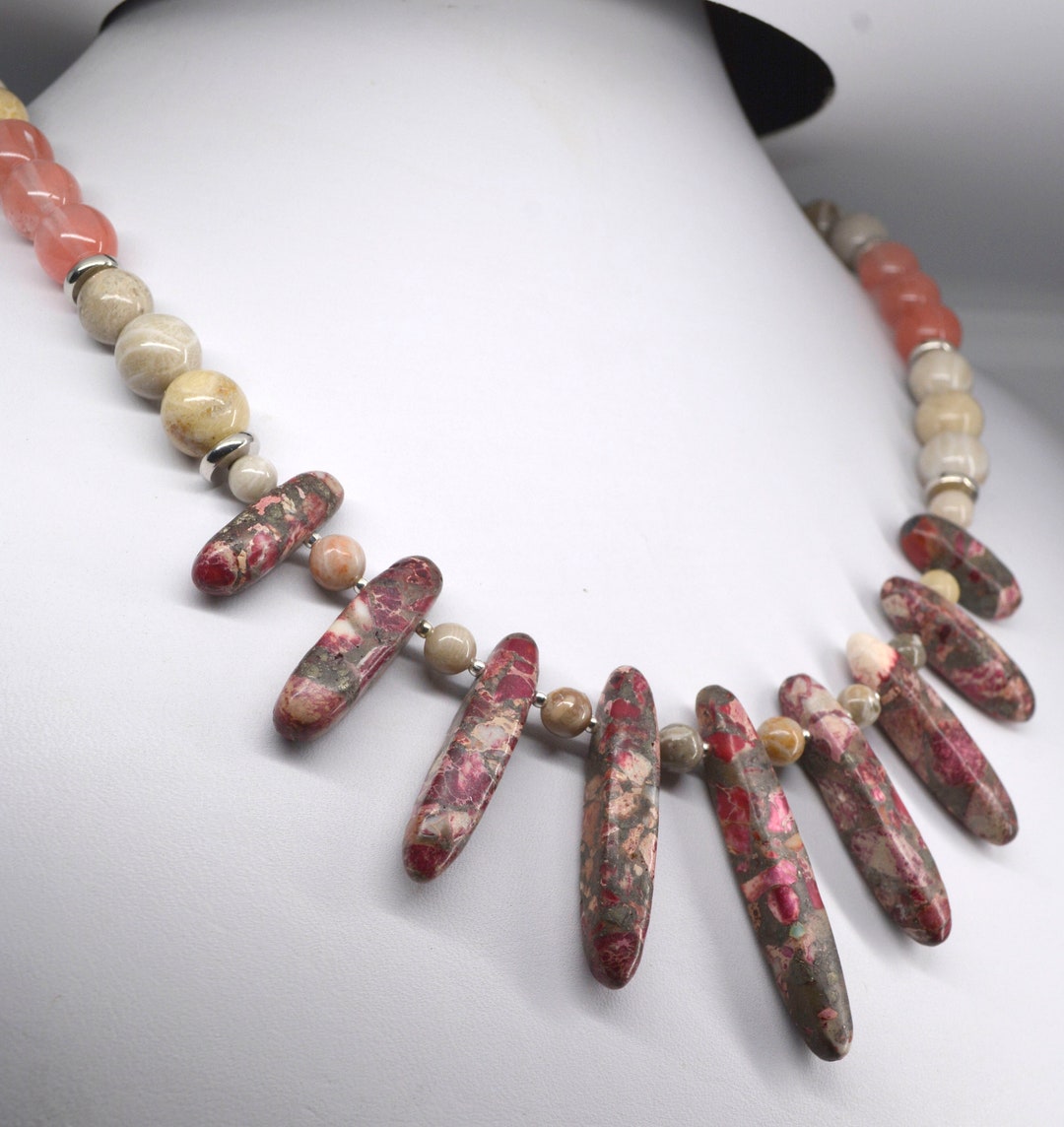 Mixed Fossil With Petoskey Stone and Rose Quartz Stone Necklace Jewelry ...