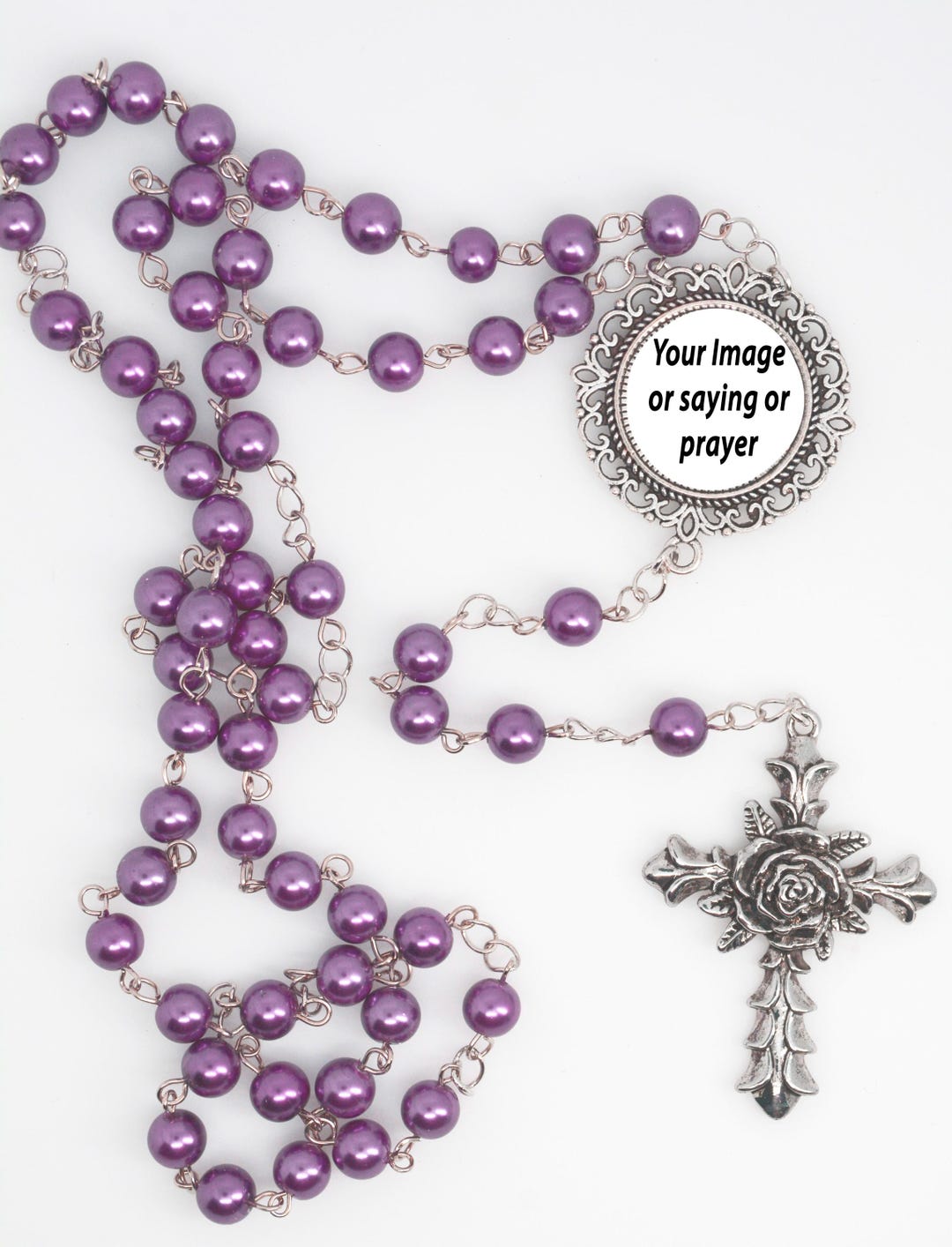Personalized Custom Photo Purple Glass Pearl Rosary Bead Gift Wedding ...