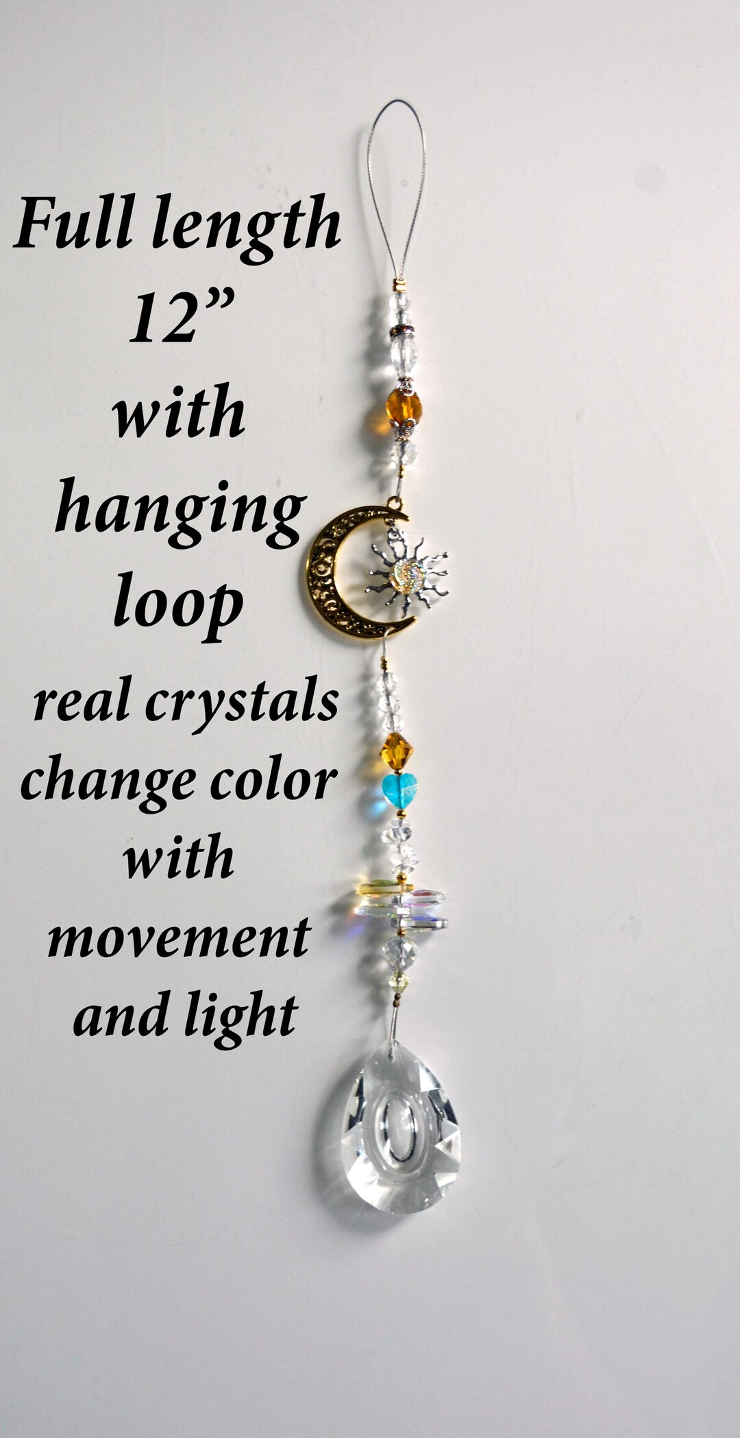 Crystal Suncatcher Showy Hanging Moon Sun Large Teardrop 12" Long ...