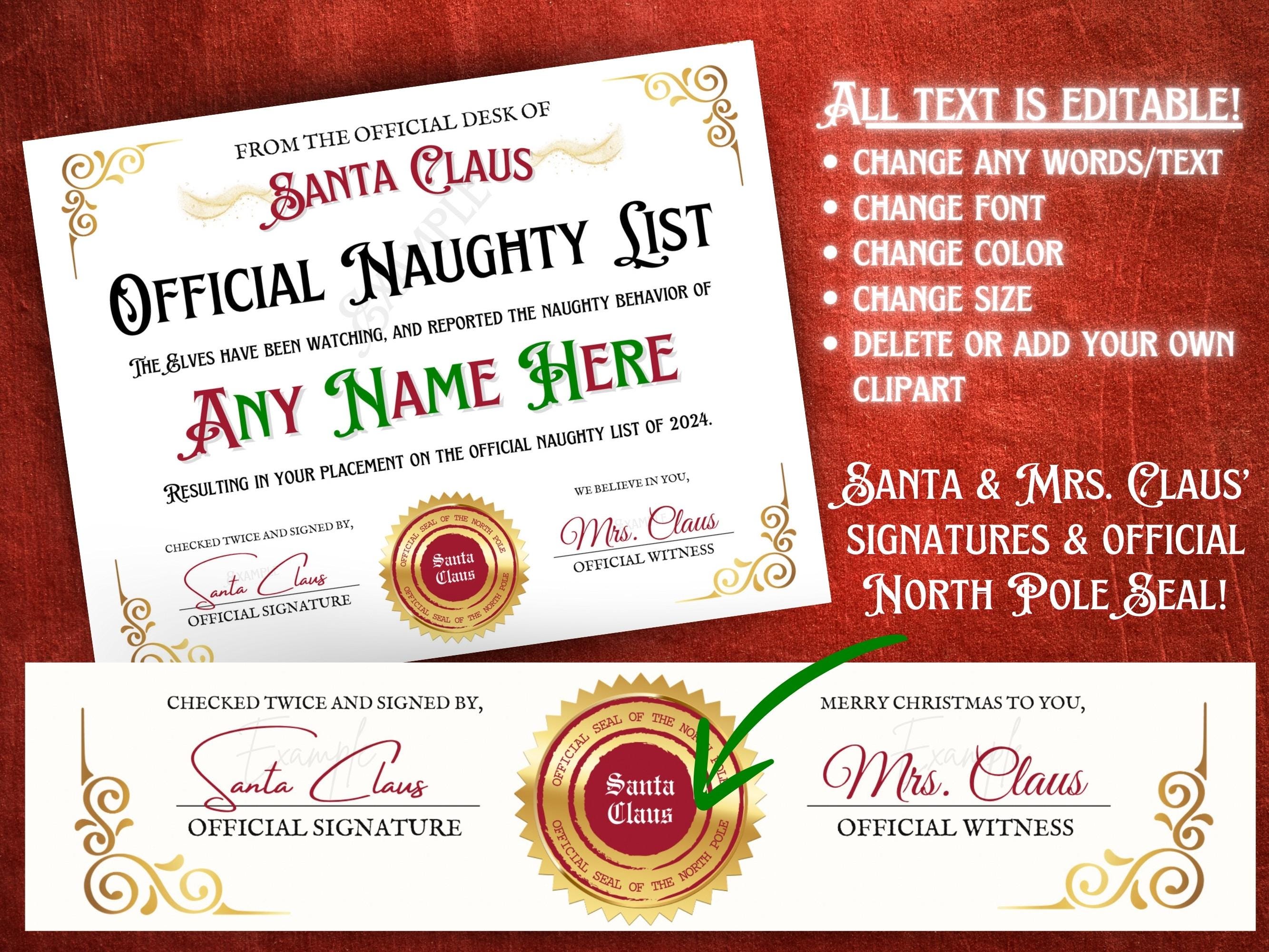 EDITABLE Santas NAUGHTY List Official Certificate | Personalized Custom ...