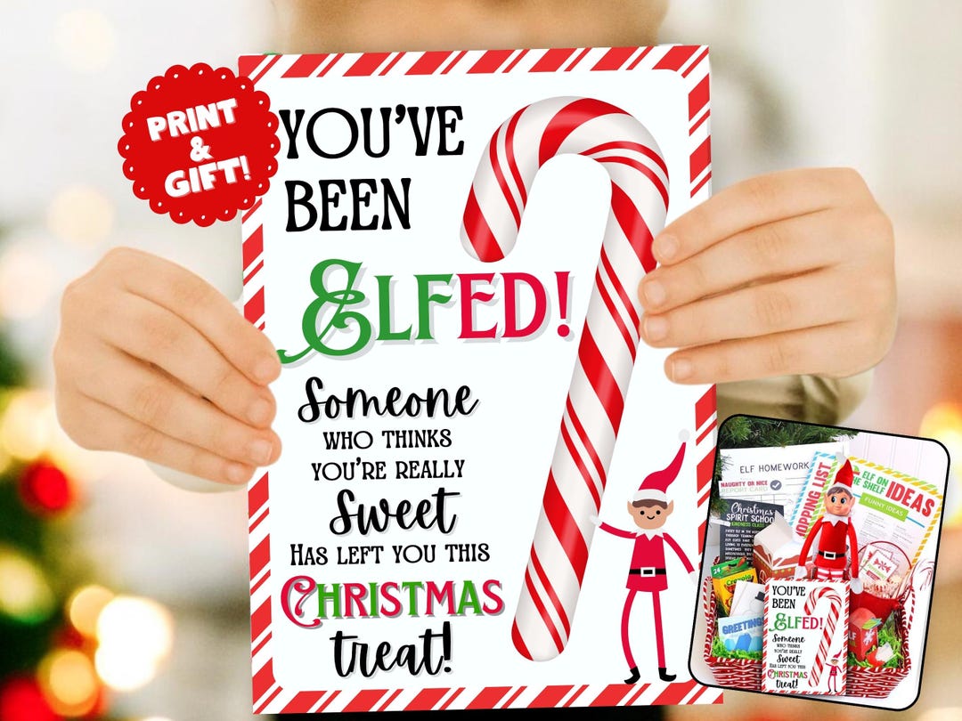 PRINTABLE You’ve Been ELFED Card | 5x7 Candy Cane Christmas | Cute Gift ...