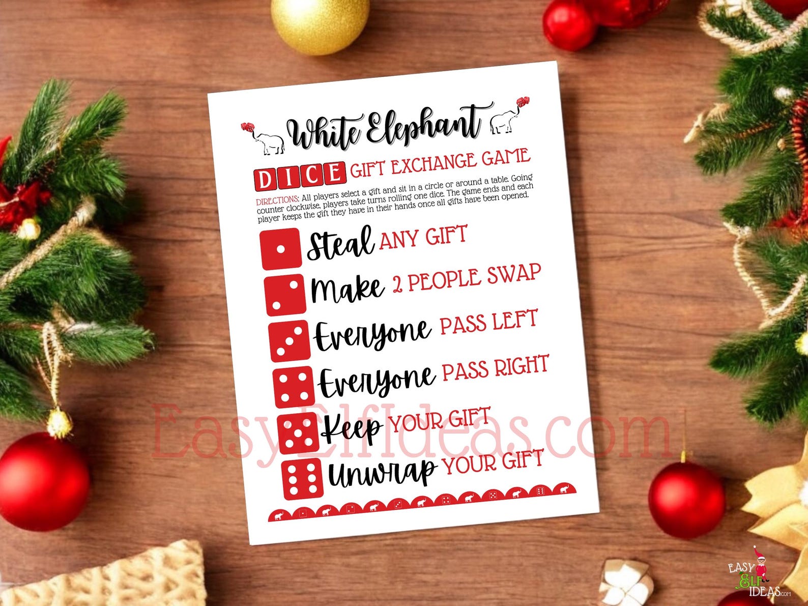 PRINTABLE White Elephant Christmas Dice Gift Exchange Pass Game | Small ...