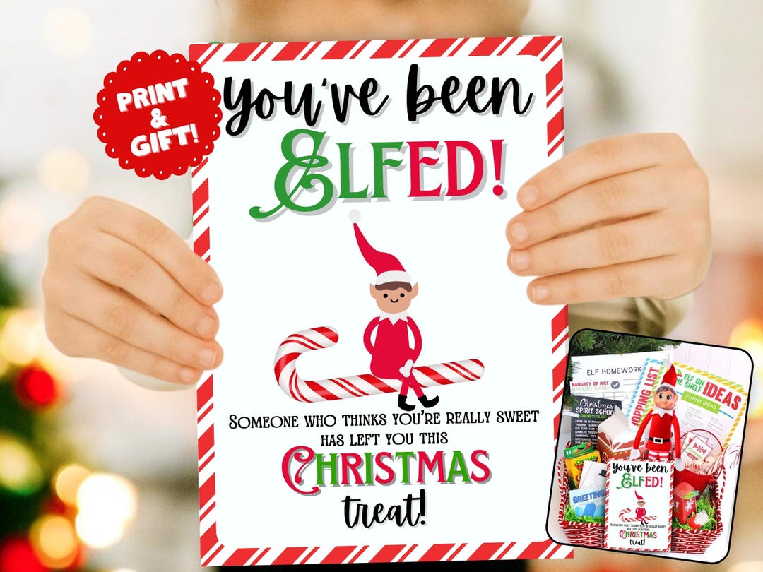 PRINTABLE You’ve Been ELFED Card | 5x7 Candy Cane Christmas | Cute Gift ...