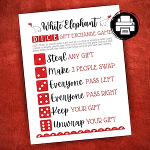 PRINTABLE White Elephant Christmas Dice Gift Exchange Pass Game | Small ...