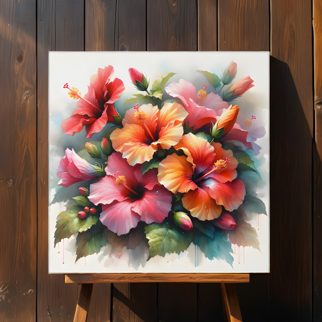 Hibiscus Flower Matte Canvas, Stretched, 0.75", Bright Colors - Etsy