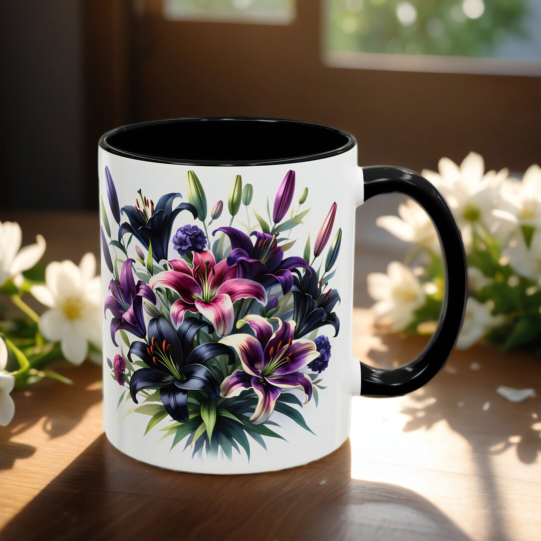 Purple/black Lily Mug - Alluring Floral Design, Cozy up With This One ...