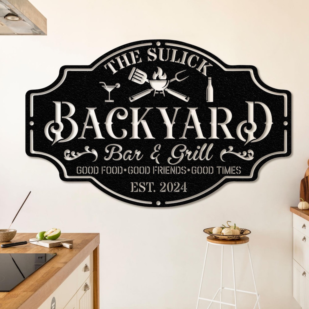 Personalized Backyard Bar & Grill Metal Sign, Custom Outdoor BBQ Sign ...