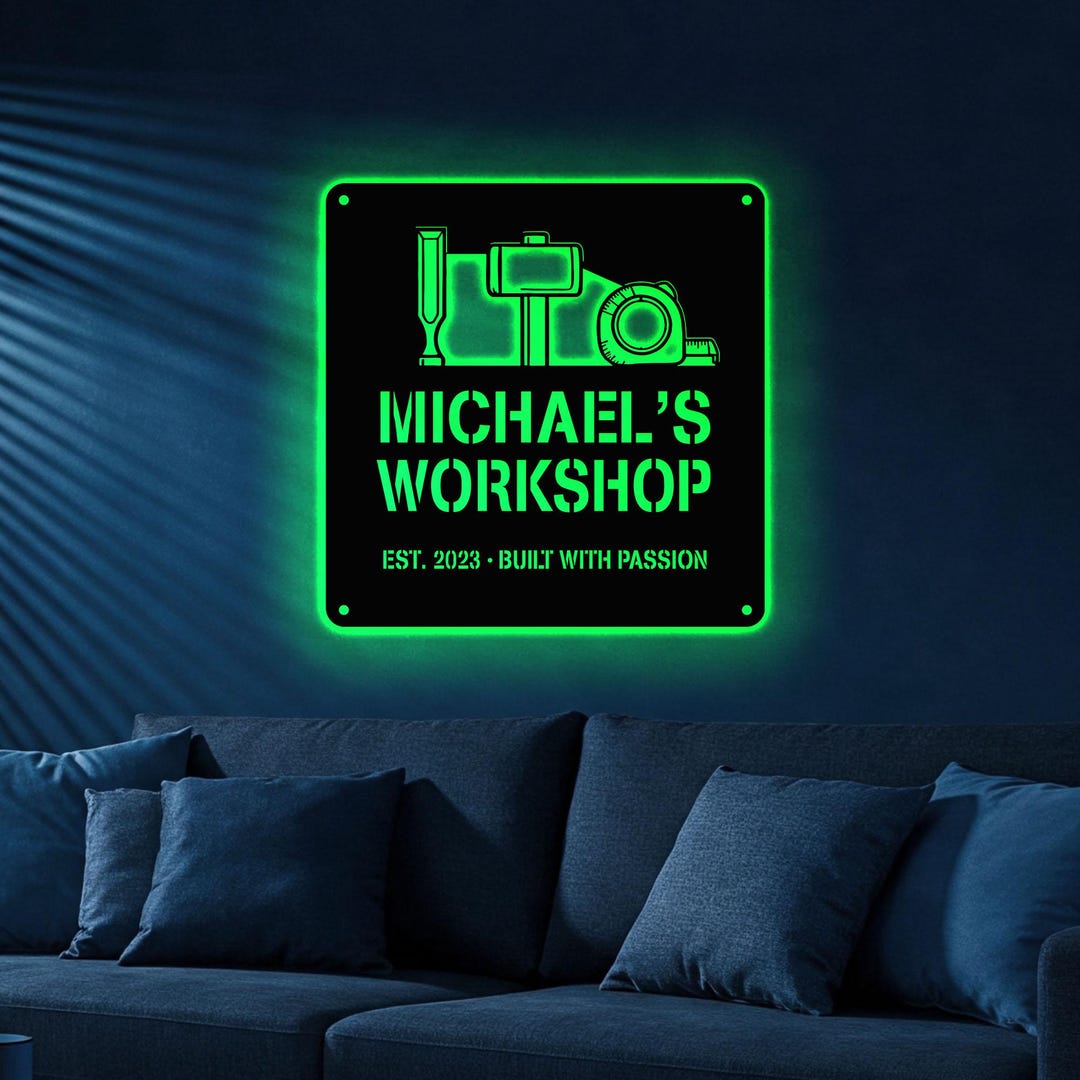 Personalized Garage Sign With LED Light, Custom Metal Workshop Sign ...
