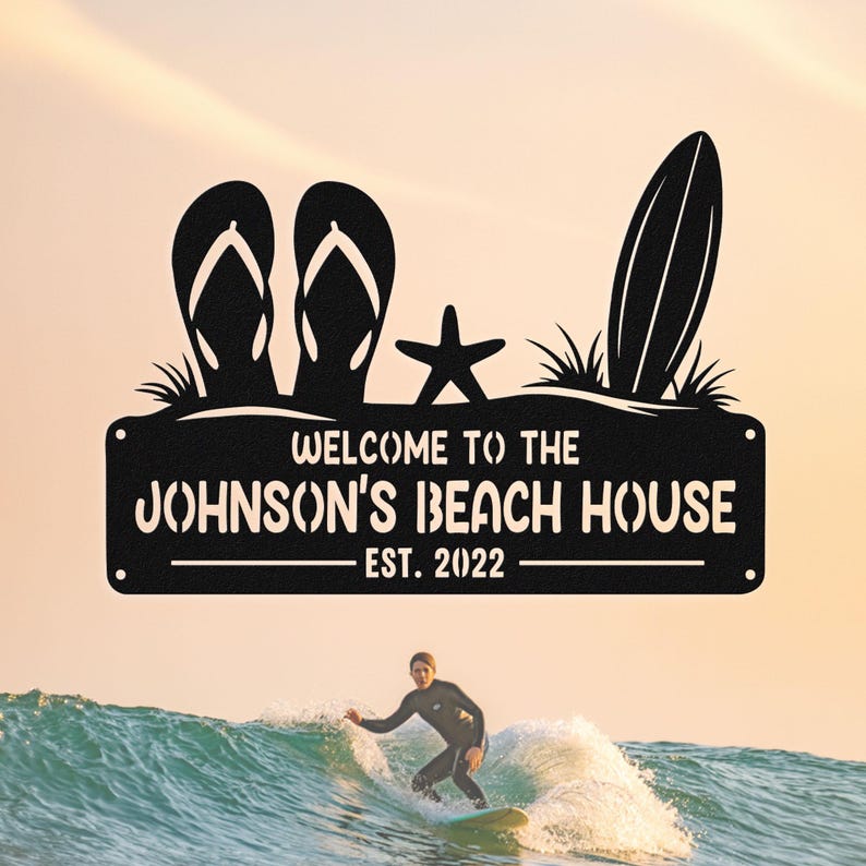 Custom Beach House Sign With Name, Flip Flops, Surfboard, Beach House ...