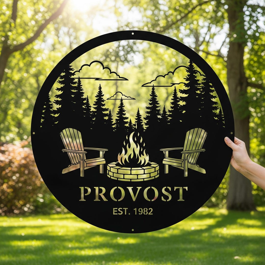 Custom Campfire Metal Sign, Personalized Fire Pit Name Sign With Chairs ...