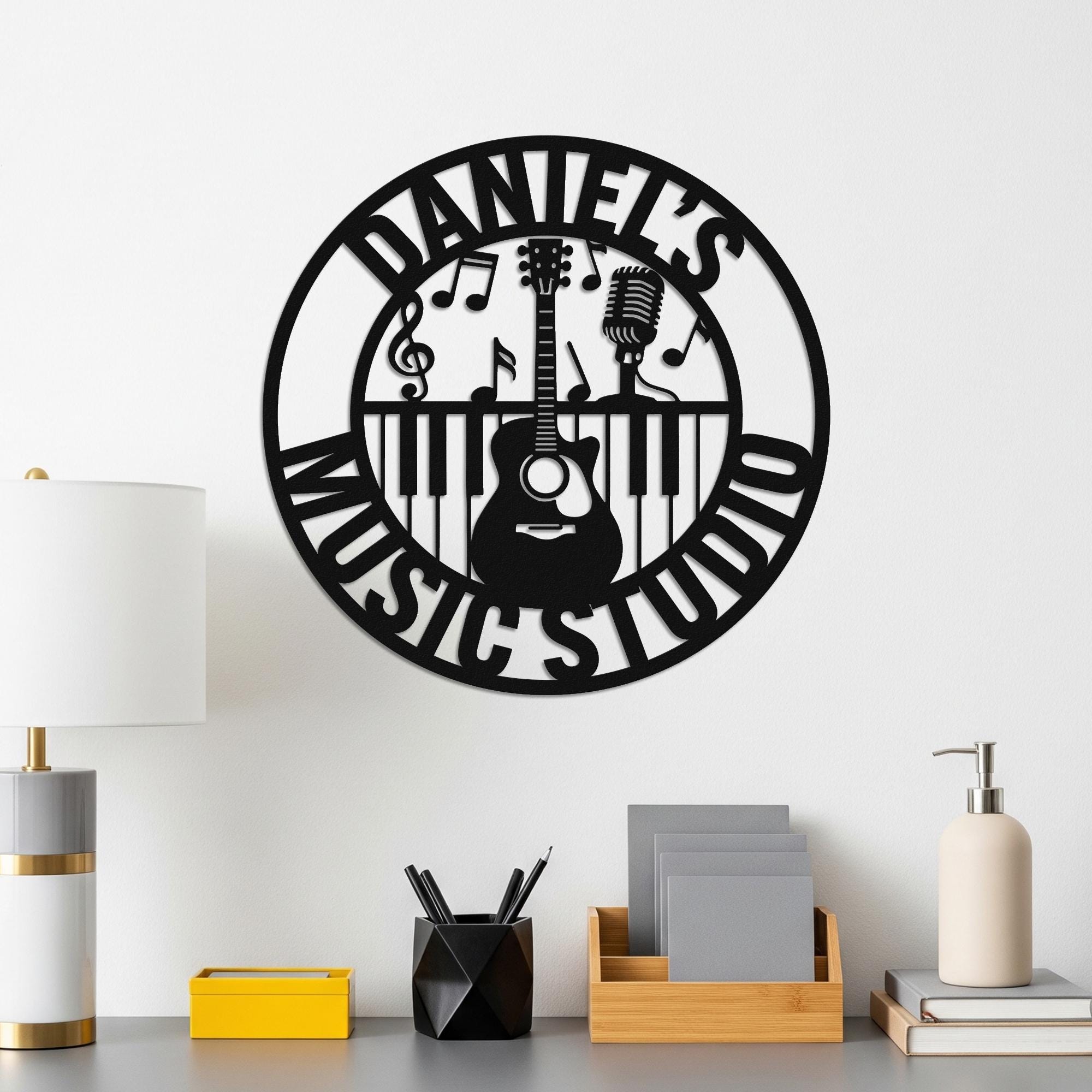 Custom Music Studio Metal Sign LED Light, Guitar, Piano, Mic Wall Art ...