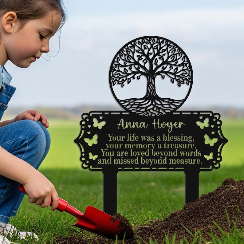 Personalized Memorial Garden Sign, Custom Name Grave Marker With Tree ...