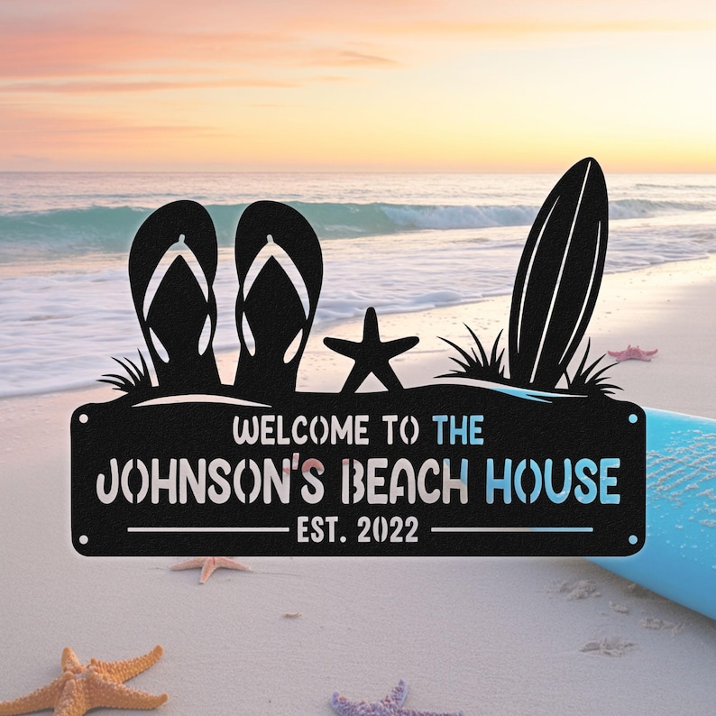 Custom Beach House Sign With Name, Flip Flops, Surfboard, Beach House ...