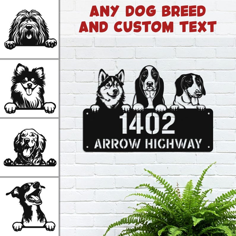 Custom Peeking Dogs Address Sign, Metal House Number Sign With Street ...