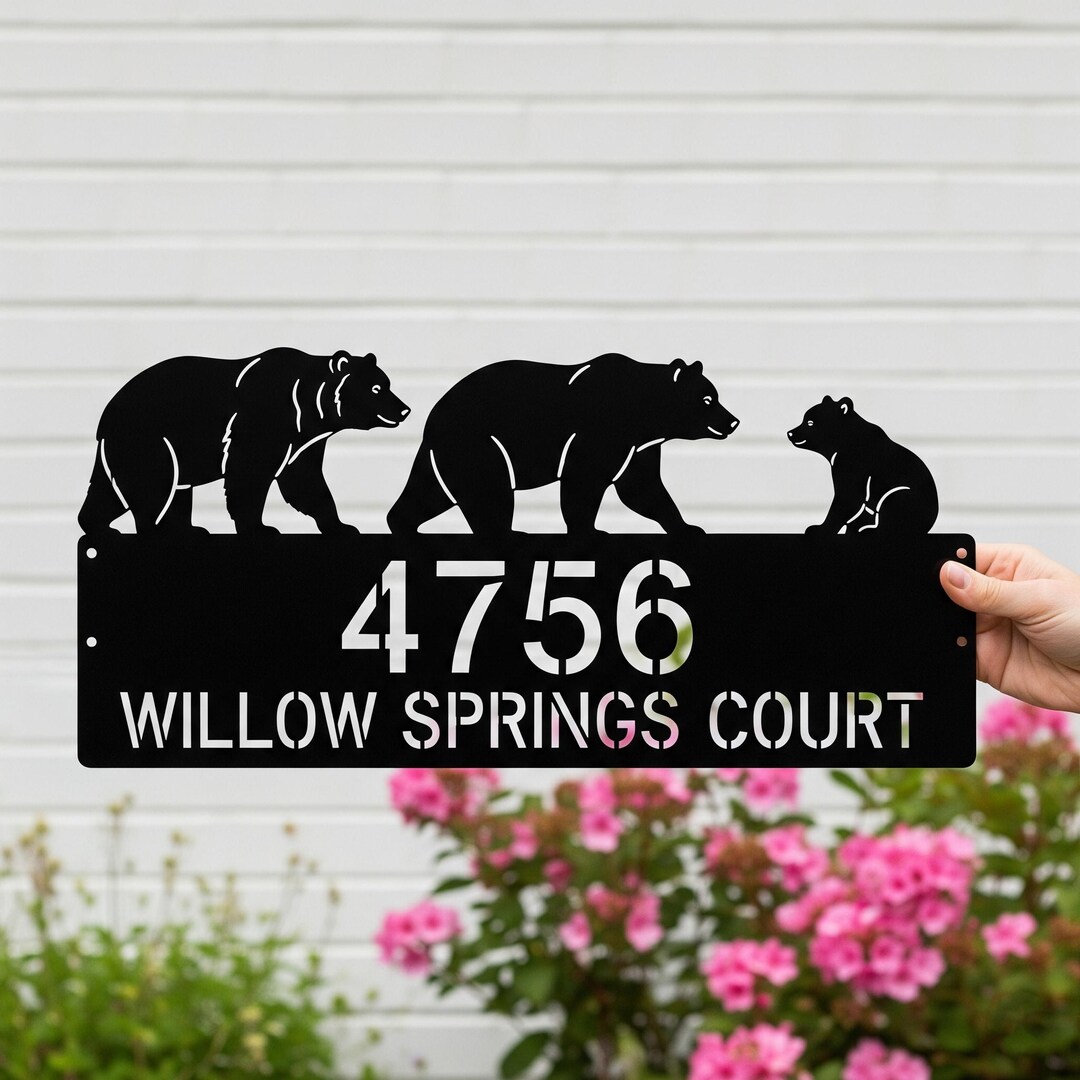 Modern Metal House Number Sign, Bear Address Sign With Street Name ...