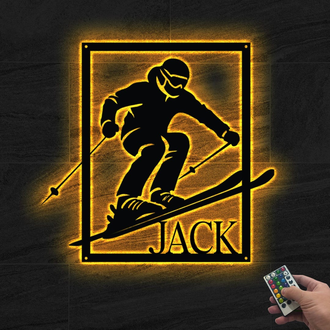Custom Ski LED Metal With Light Sign, Custom Skiing LED Wall Light With ...