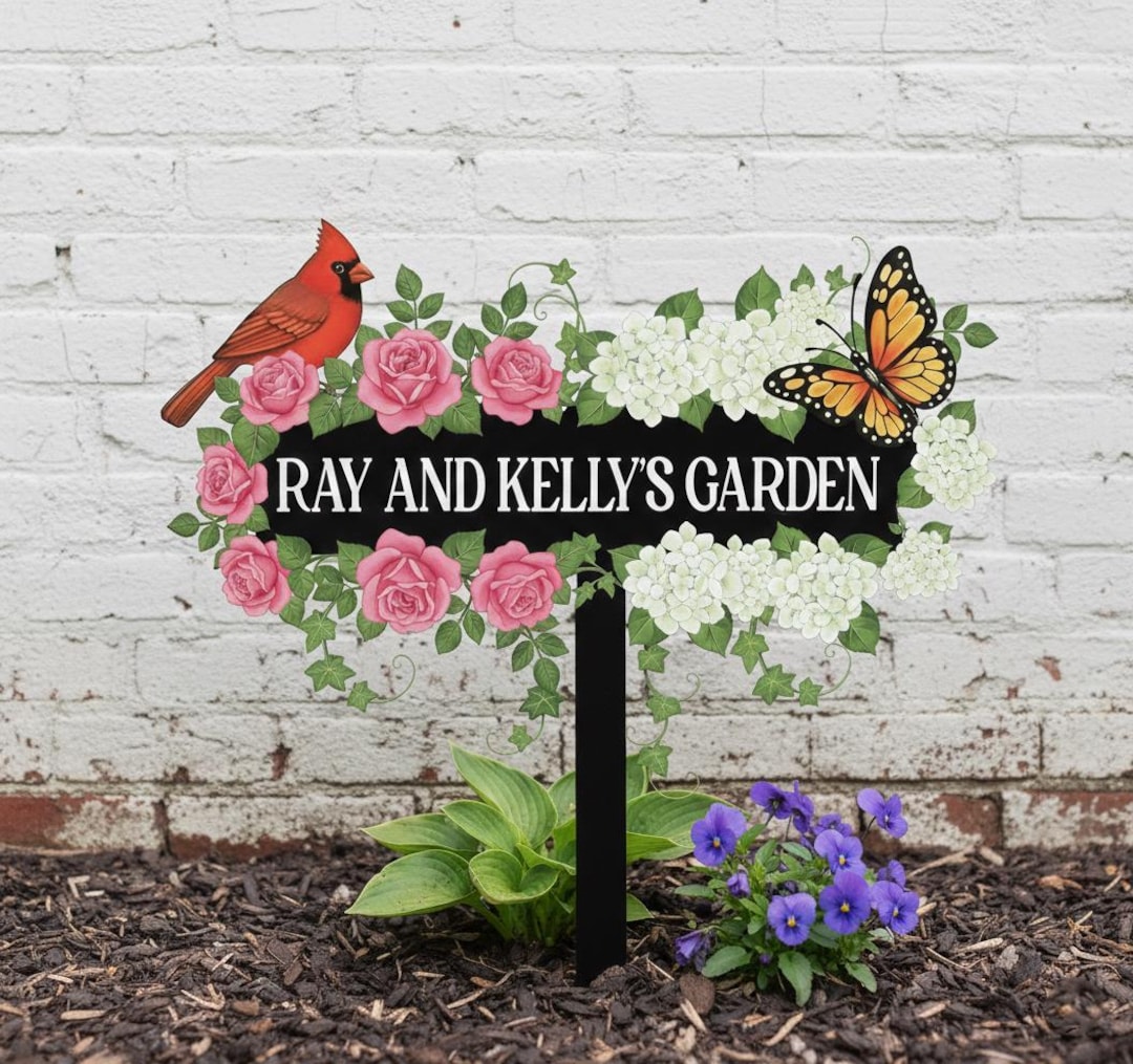 Custom Garden Sign With Roses, Butterfly & Cardinal, Romantic Garden ...