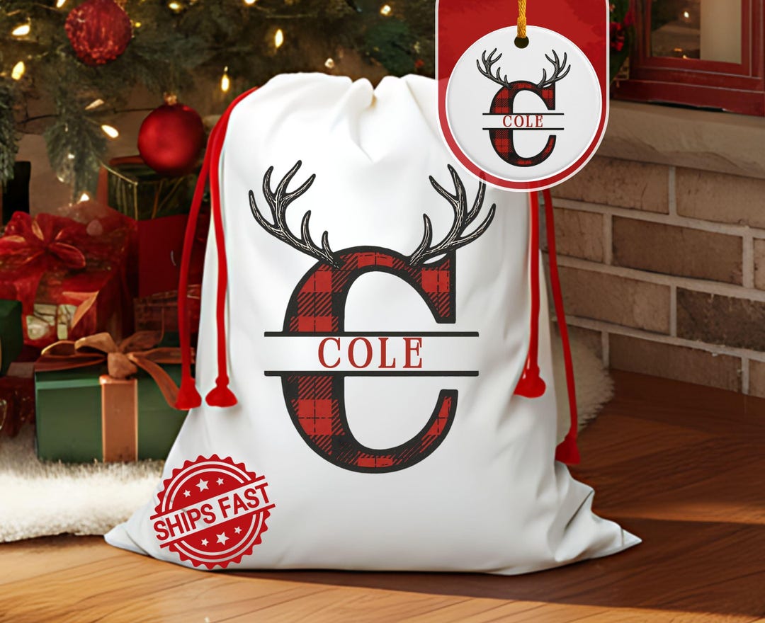 Reindeer Initial Santa Bag, Custom Reindeer Initial Name Santa Gift ...