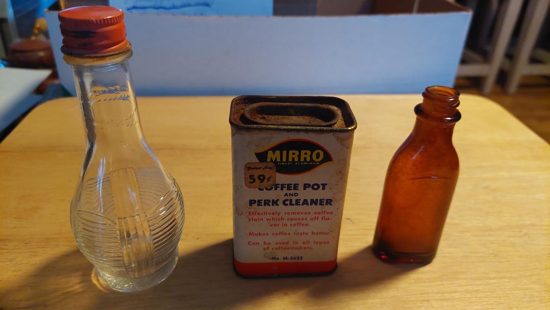 Vintage Mirro Coffee Pot and Perk Cleaner Cardboard Tin W/2 Bonus Bonus ...