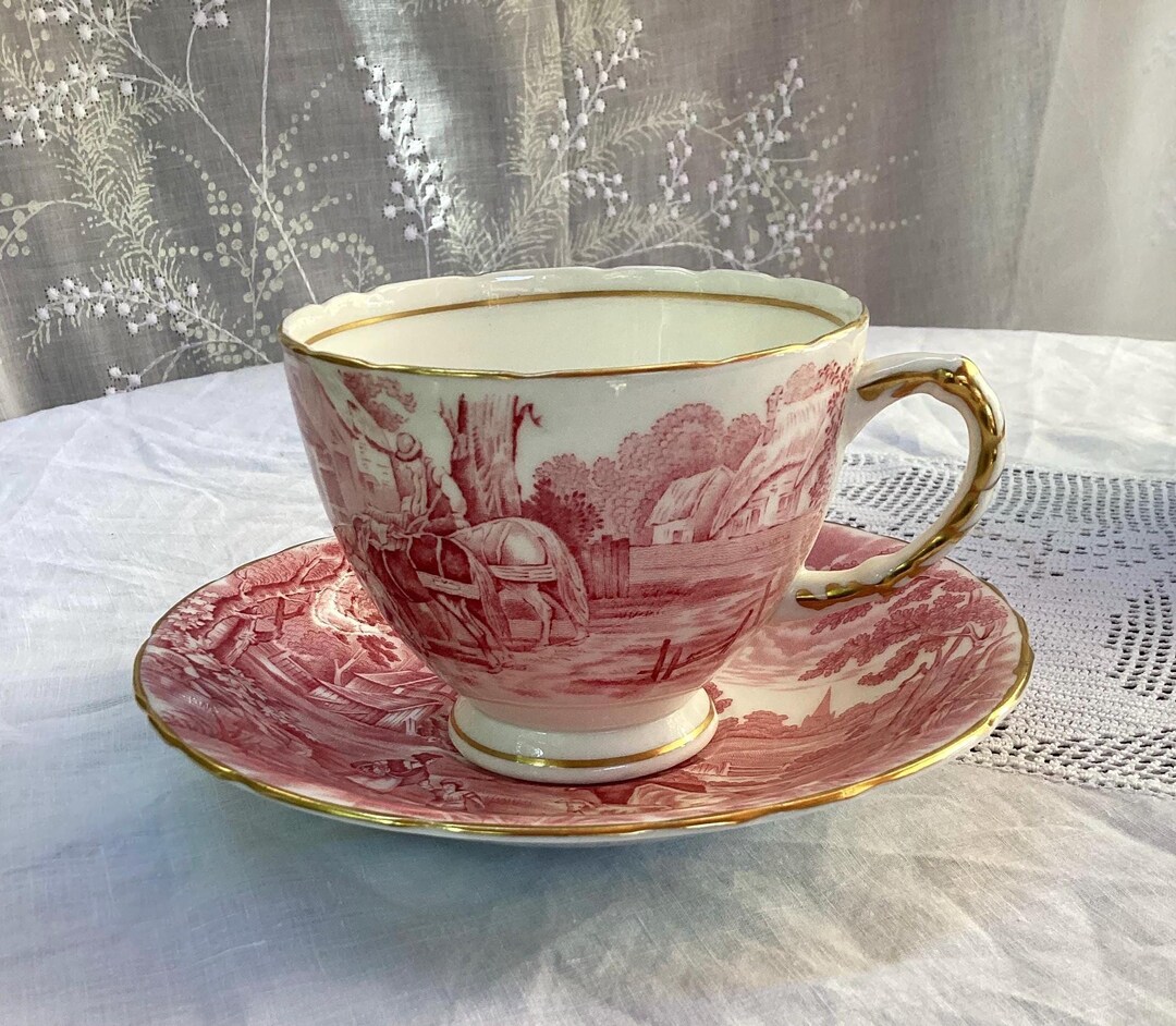 H M Sutherland Rural Scenes Red Teacup and Saucer - Etsy