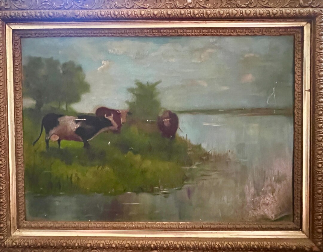 Victorian Circa Late 19th Century Painting Cows by the Lake by HR Henry ...