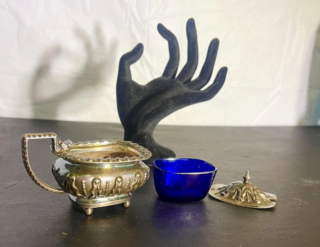 Victorian Silverplated Salt Cellar or Mustard Pot With Cobalt Blue Dish ...