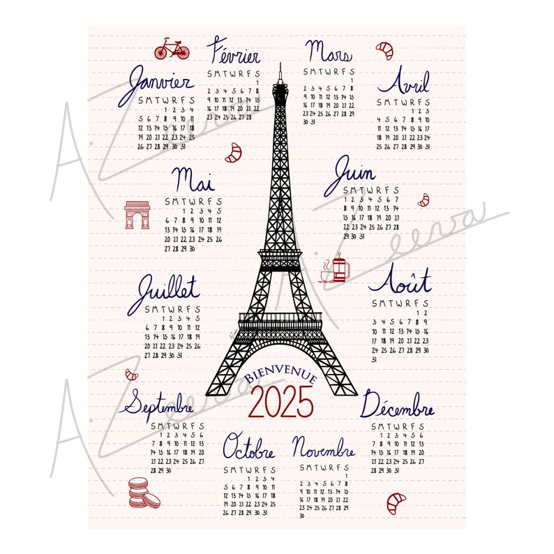 Bienvenue 2025 Paris Calendar Art Print | French Calendar Print 2025 - Etsy