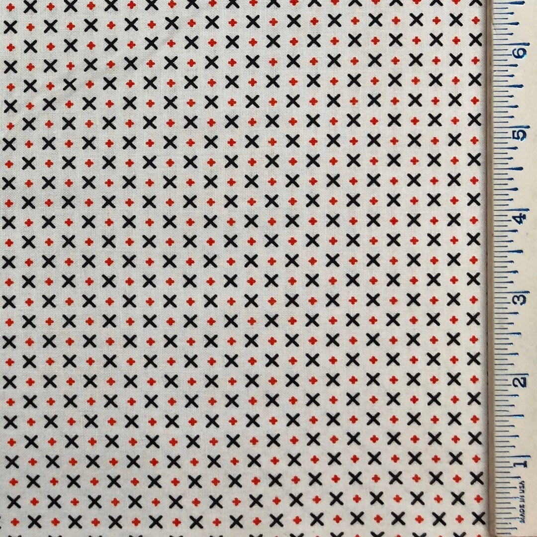By the HALF YARD - Tiny Red + Plus Signs & Black Xs on White - Patrick ...