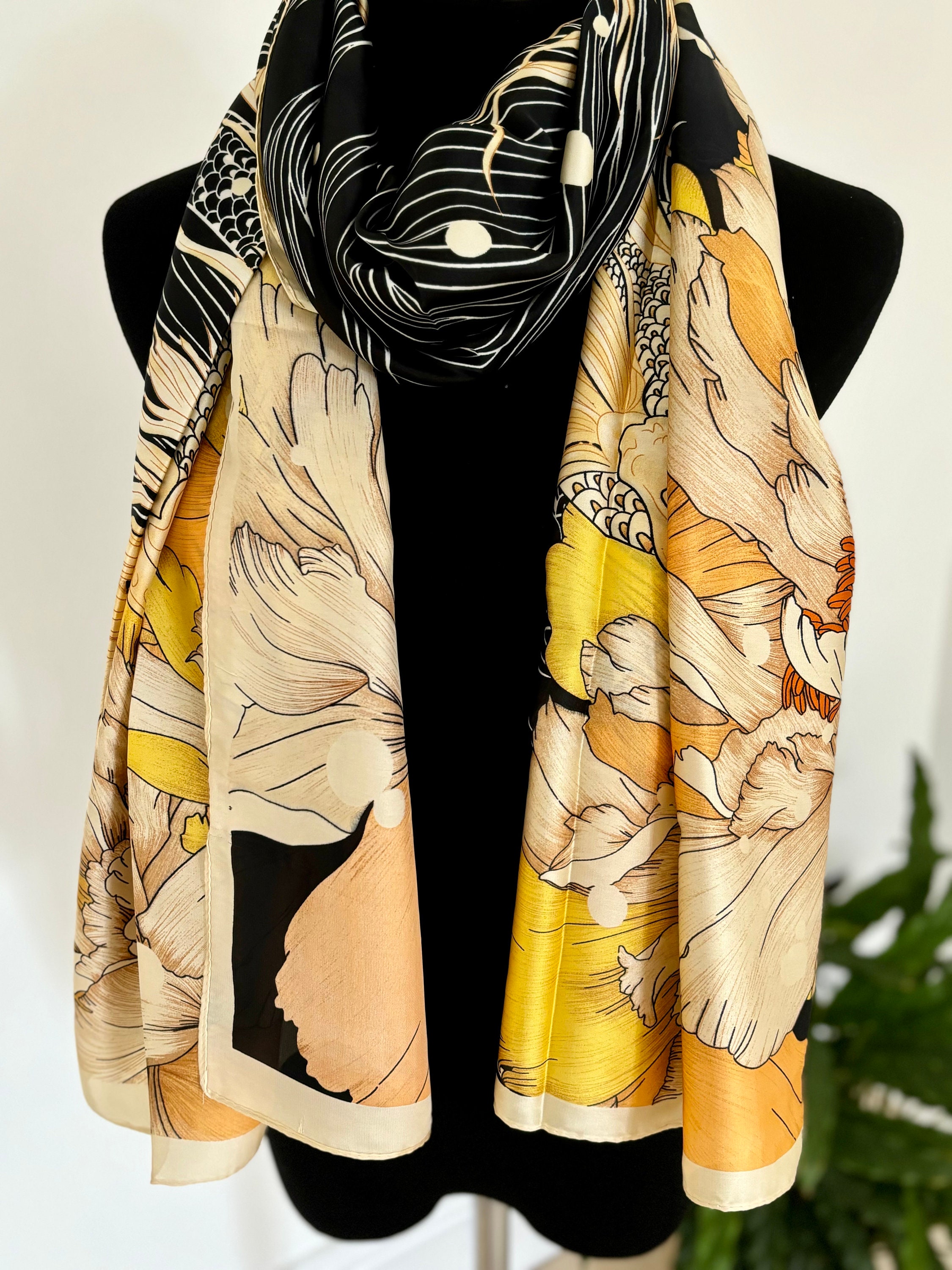 Elegant Yellow, White, and Black Floral Silk Feel Scarf for Women - Etsy