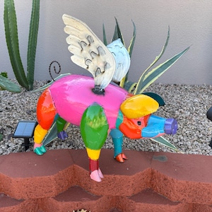 Handpainted Multicolor Metal Flying Pig With Wings | Yard Art Garden ...