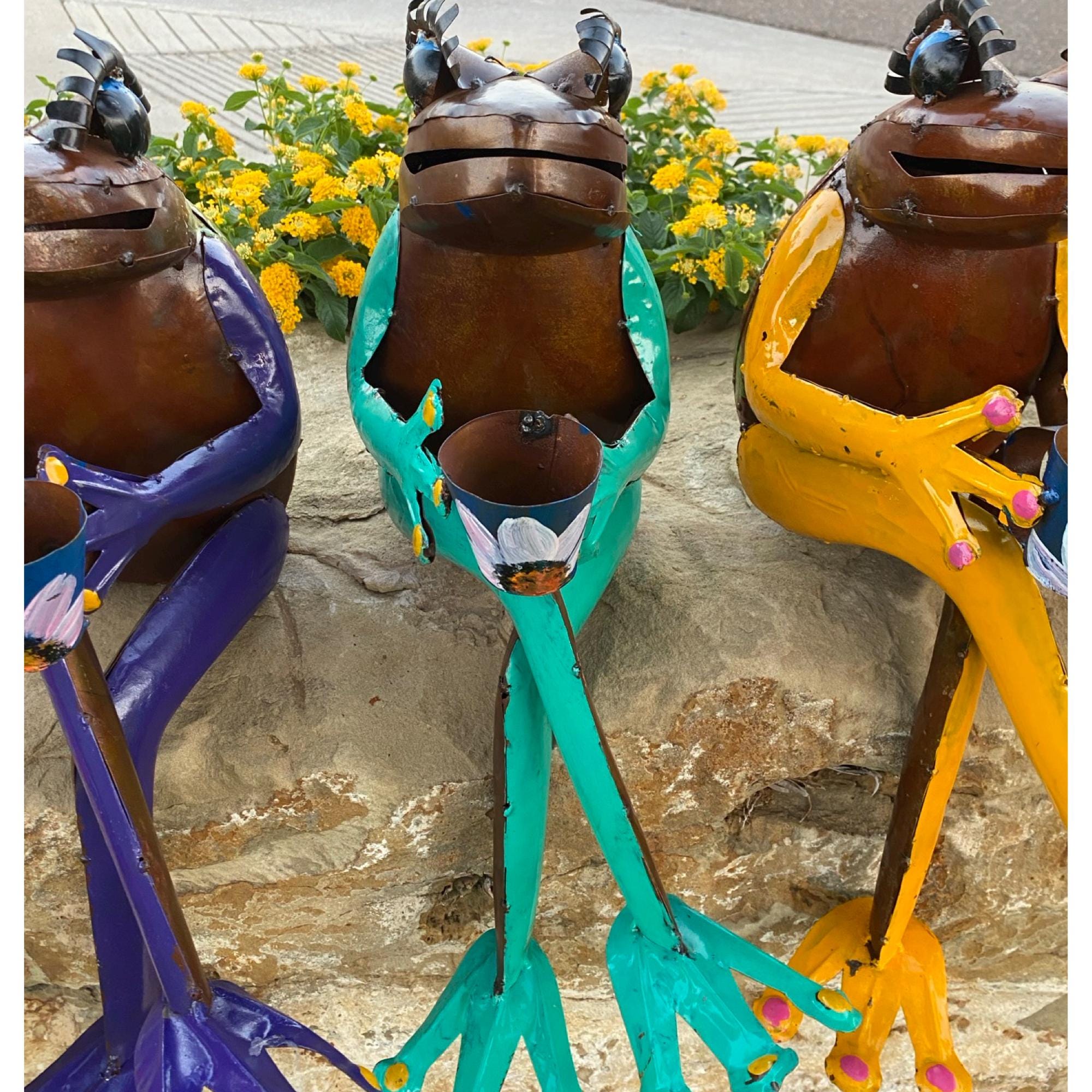 Handpainted Metal Coffee Frog With Flower | Yard Art Garden Decor ...