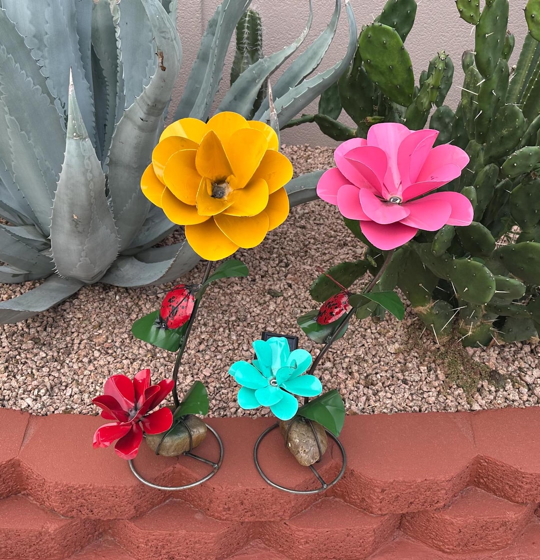 Large Handmade Metal Multicolor Roses on Rock Stand | Blooming ...
