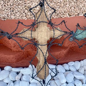 Handcarved Wooden Jesus Cross With Barbed Wire | Yard Art Garden Decor ...