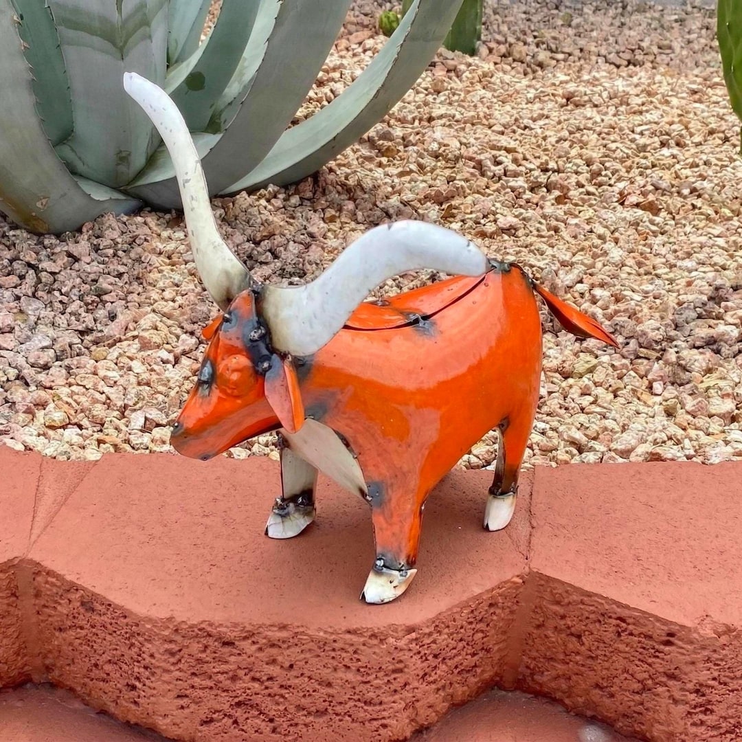 Handmade Metal Orange Texas Longhorn Bull | Yard Art Garden Decor ...
