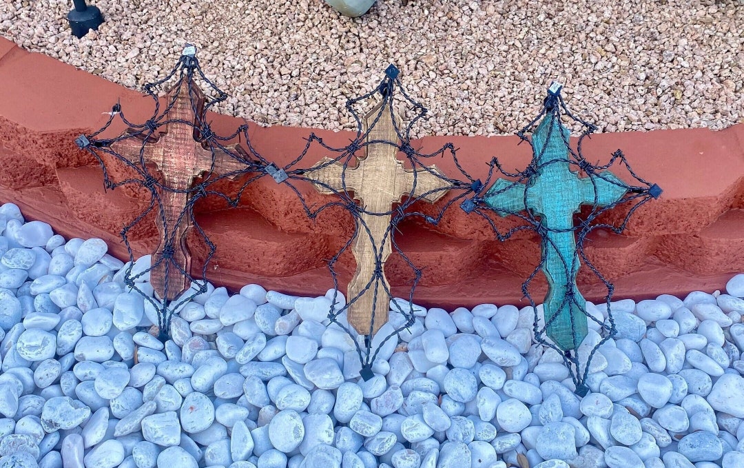 Handcarved Wooden Jesus Cross With Barbed Wire | Yard Art Garden Decor ...