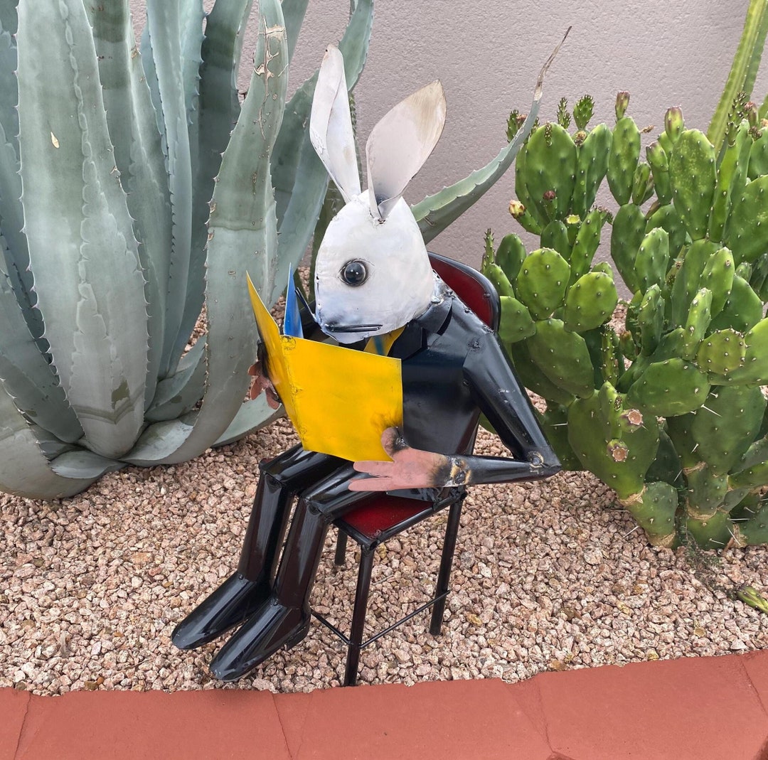 Lifesize Handmade Metal Rabbit Bunny on Chair Reading | Farmhouse Yard ...