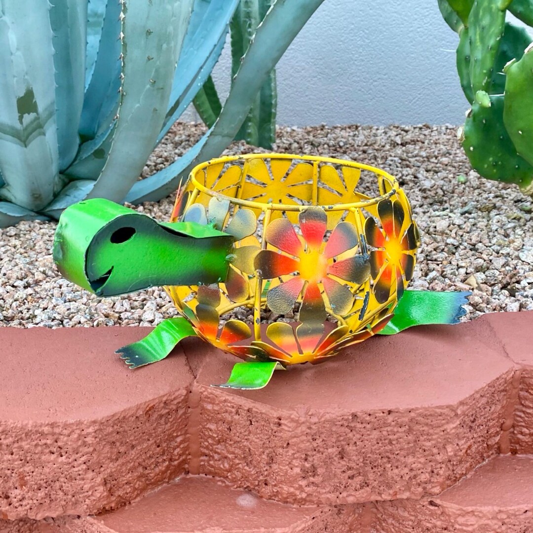 Handmade Metal Flower Turtle Planter | Farmhouse Yard Art Garden Decor ...