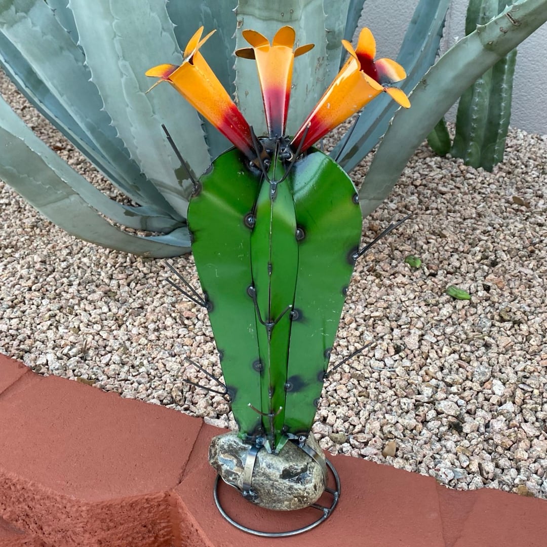 Handmade Metal Cerillo Saguaro Cactus on Rock | Yard Art Garden Decor ...