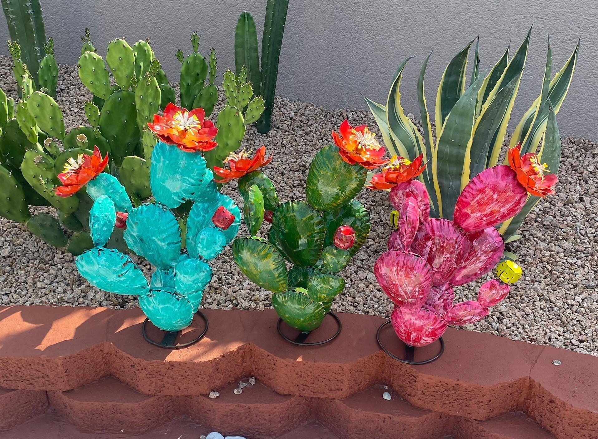 Large Handpainted Metal Prickly Pear Cactus | Yard Art Garden Decor ...