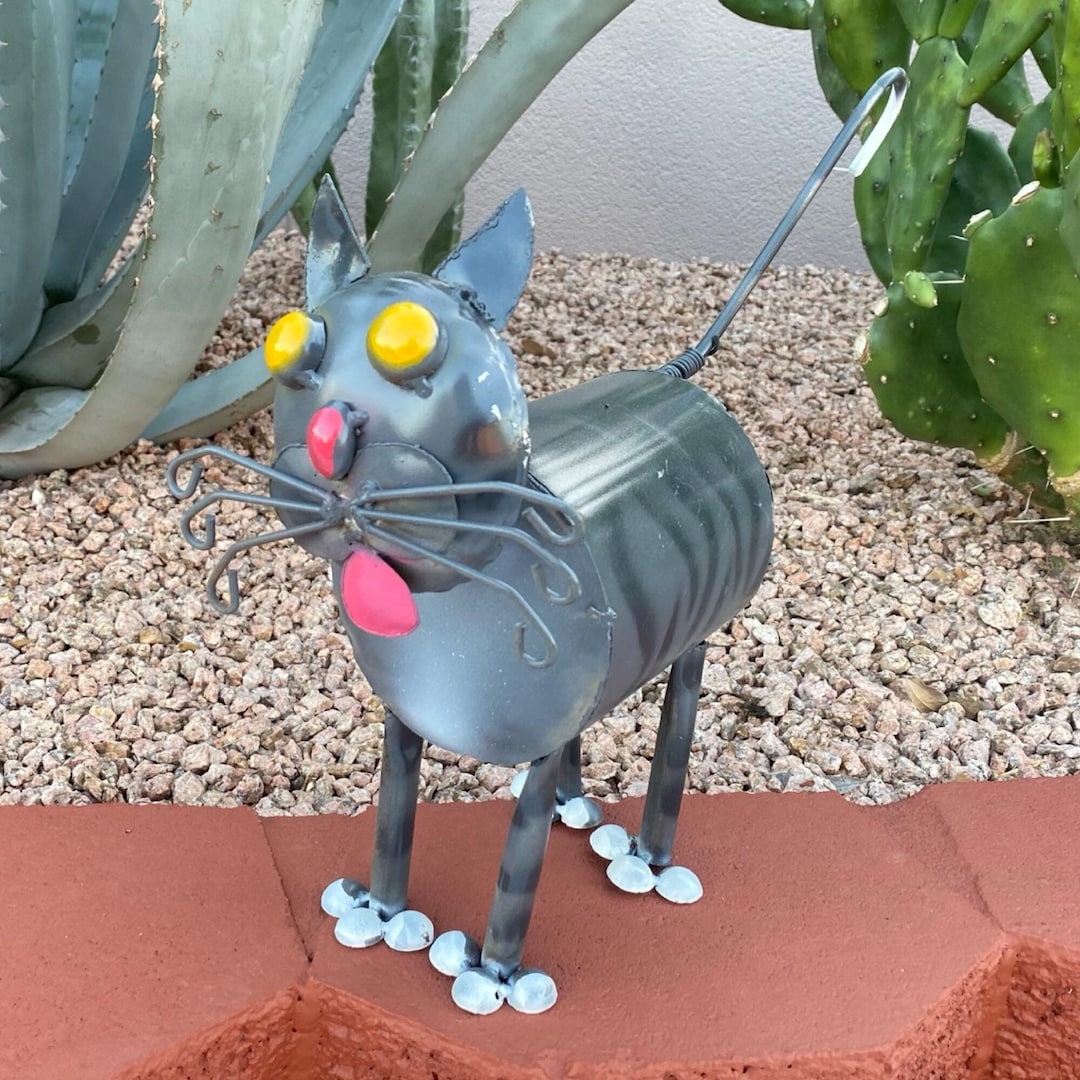 Handmade Metal Grey Cat | Farmhouse Yard Art Garden Decor | Artisan ...