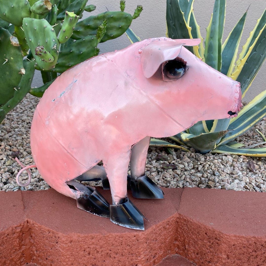 Large Handmade Metal Sitting Pig | Farmhouse Yard Art Garden Decor ...