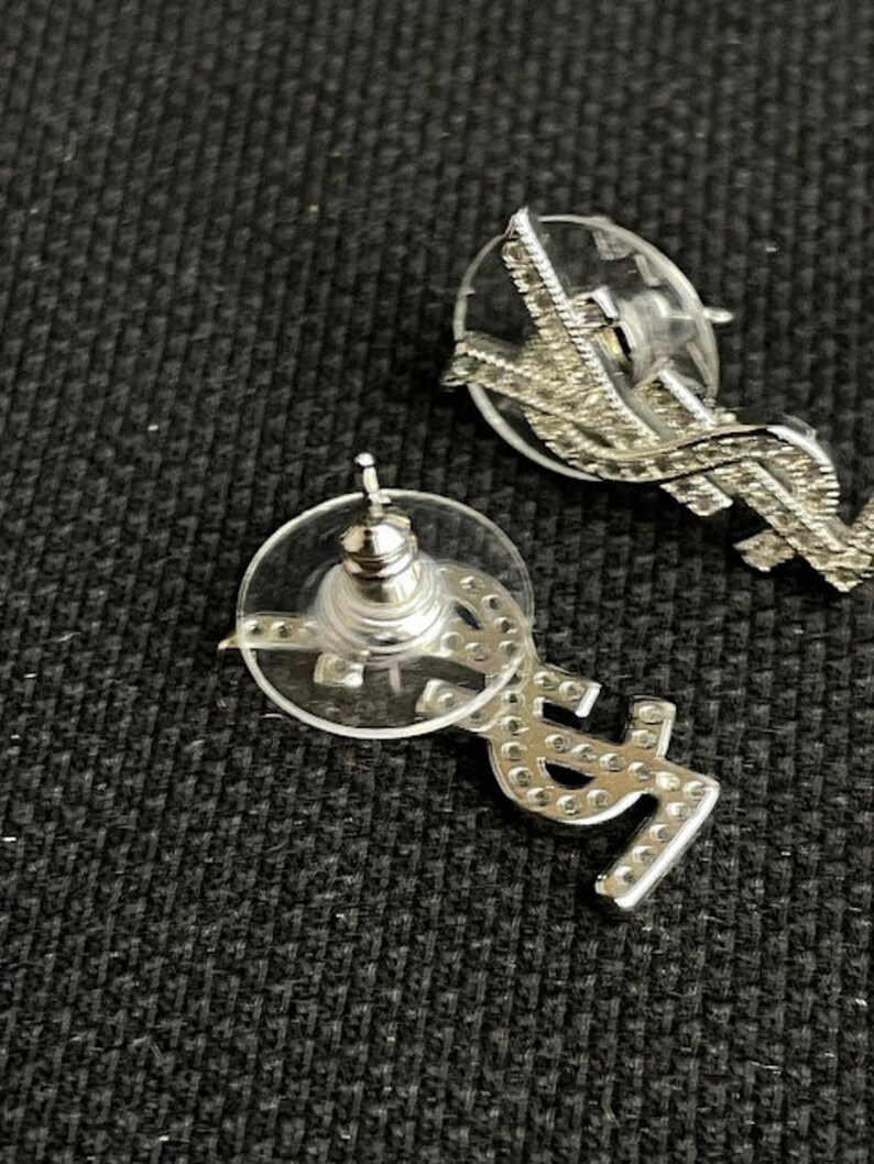 Fashionable Yves Saint Laurent YSL Logo Silver Plated Vintage Stud ...