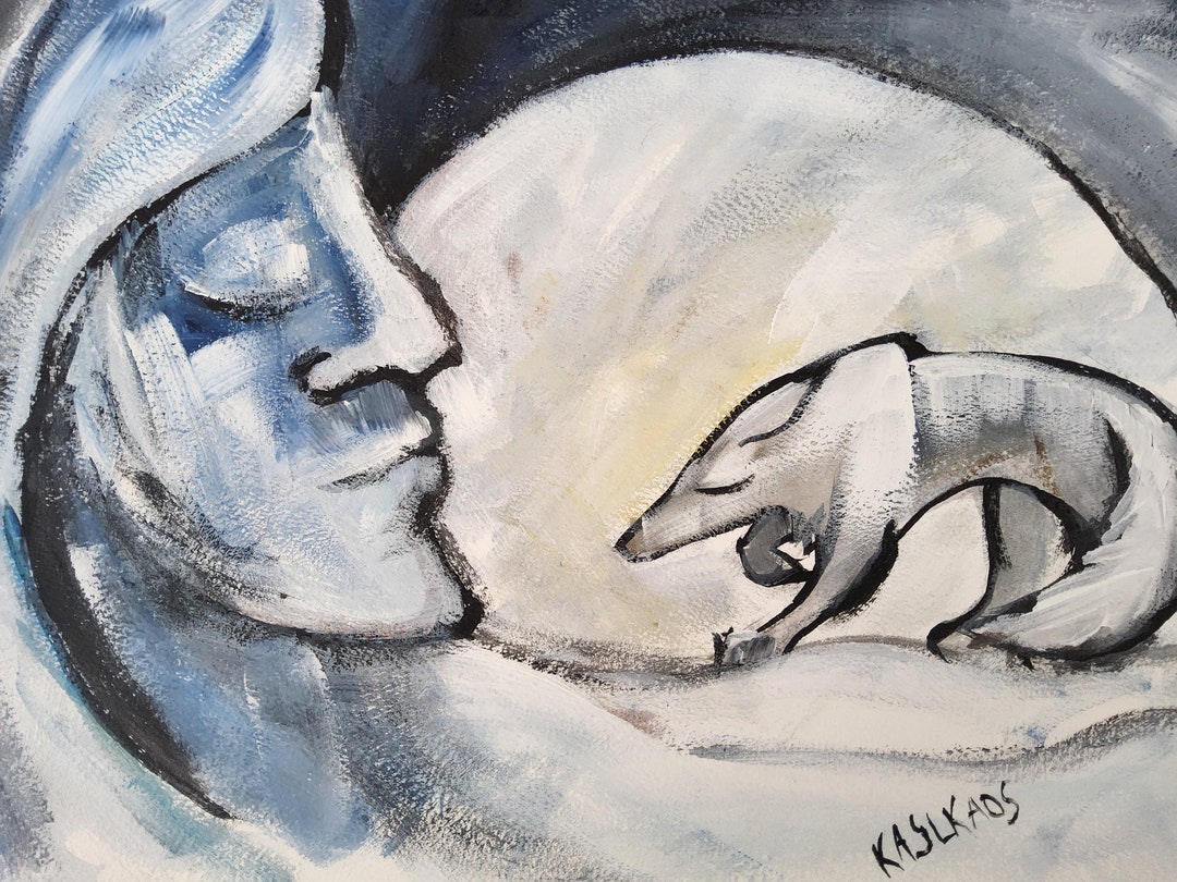 Wolf and Moon 9x12 Acrylic Painting, Outsider Art, Primitive Art Style ...