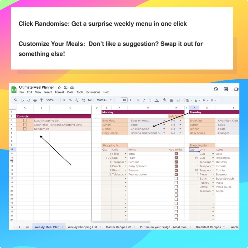 Weekly Meal Planner and Grocery List Automated Shopping List Food Prep ...