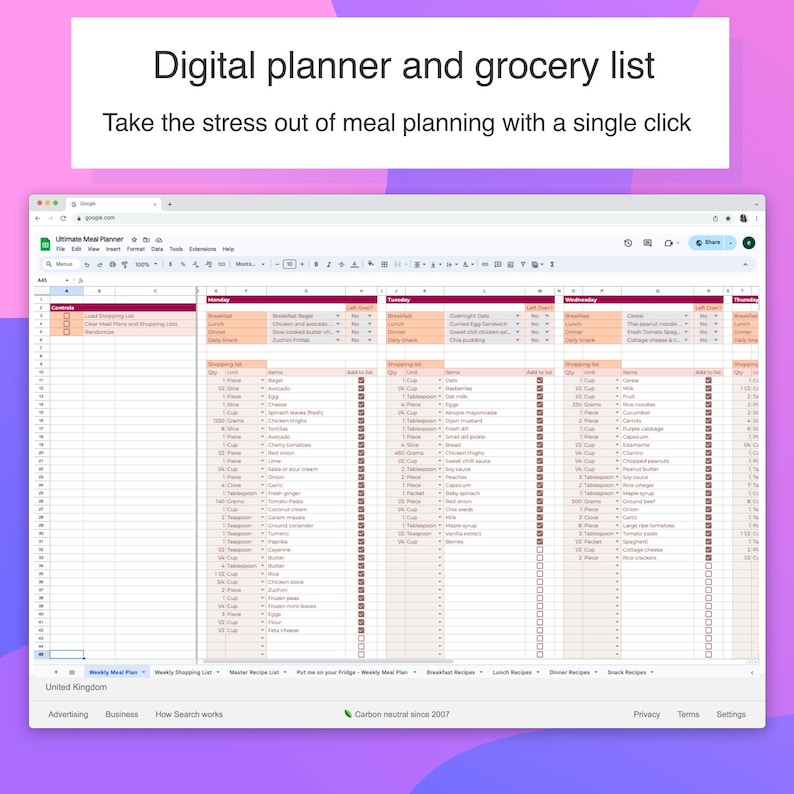 Weekly Meal Planner and Grocery List | Automated Shopping List | Food ...